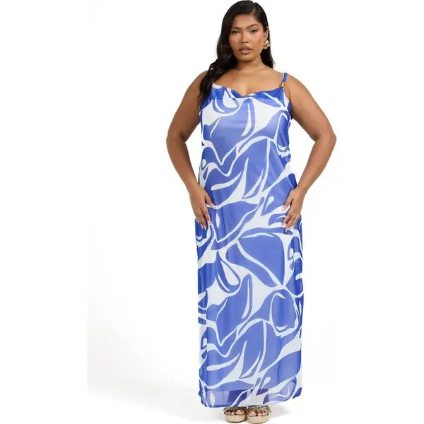 FASHION-SZN CURVE Printed Mesh Maxi Dress - Blue