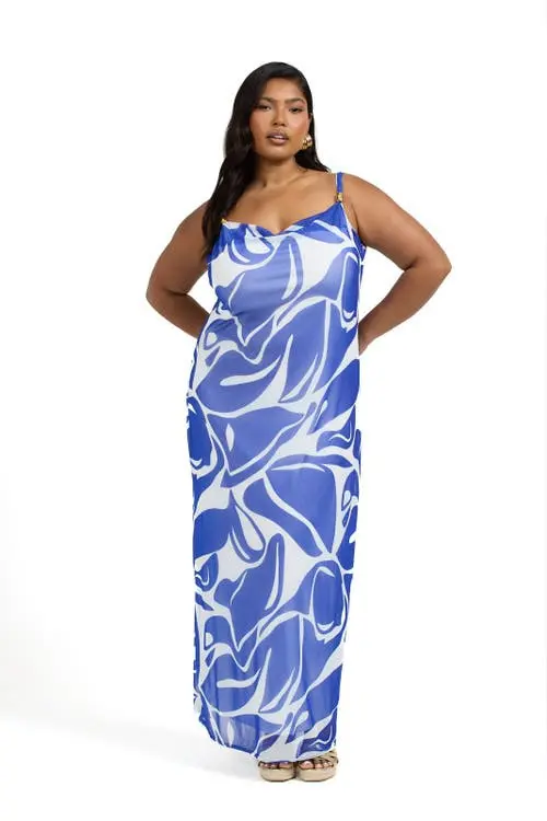 FASHION-SZN CURVE Printed Mesh Maxi Dress - Blue