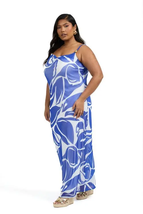 FASHION-SZN CURVE Printed Mesh Maxi Dress - Blue