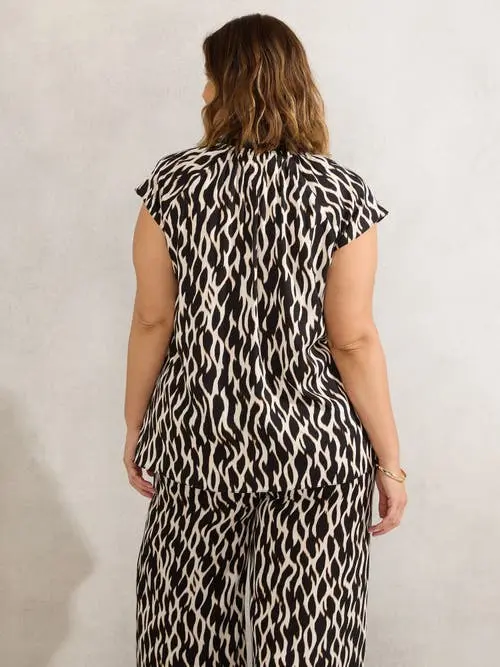 LIVE UNLIMITED Mono Print Short Sleeve Tie Neck Blouse