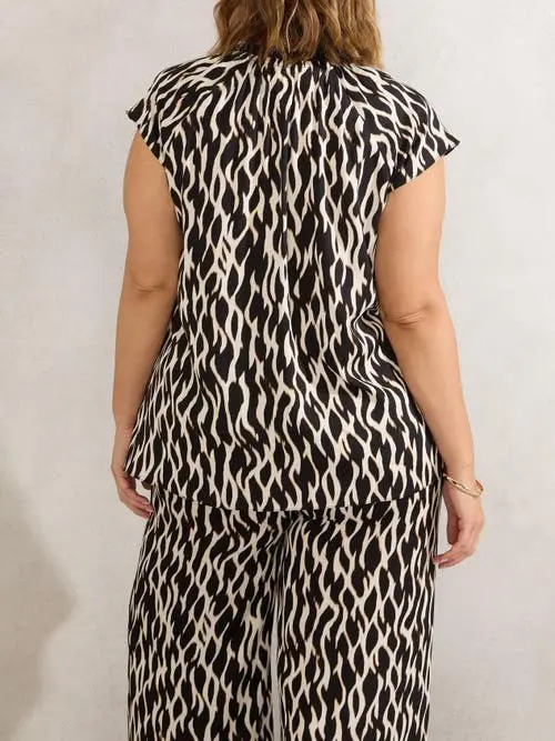 LIVE UNLIMITED Mono Print Short Sleeve Tie Neck Blouse