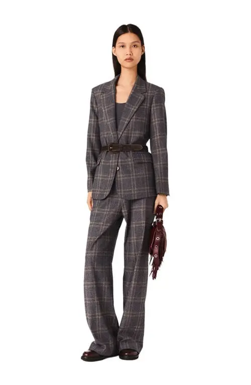 Maje Checkered Belted Suit Jacket - Grey