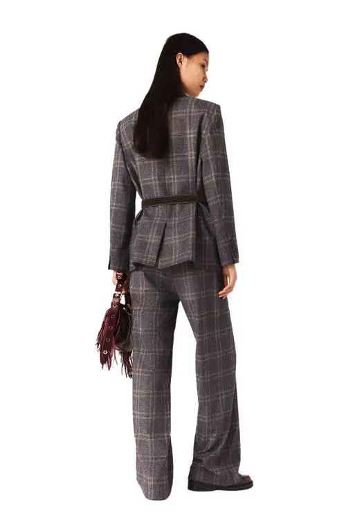 Maje Checkered Belted Suit Jacket - Grey