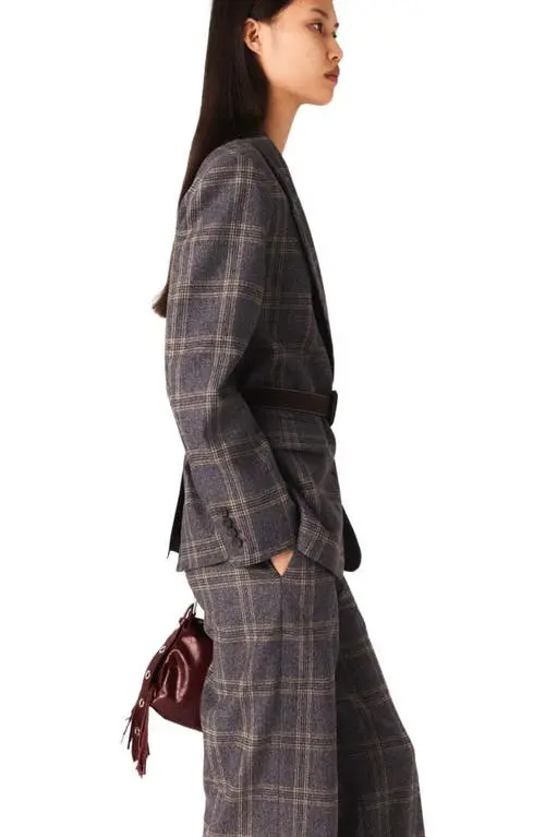 Maje Checkered Belted Suit Jacket - Grey
