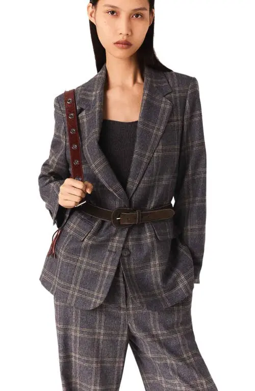 Maje Checkered Belted Suit Jacket - Grey
