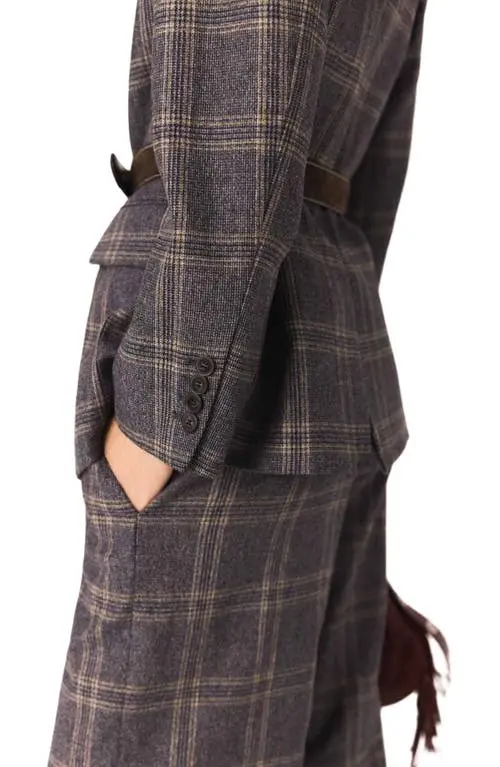 Maje Checkered Belted Suit Jacket - Grey