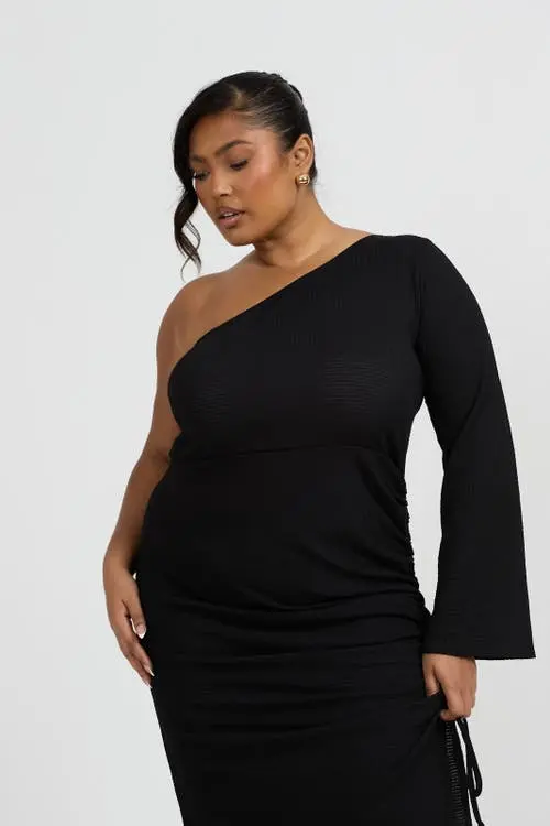 FASHION-SZN CURVE One Shoulder Maxi Dress - Black