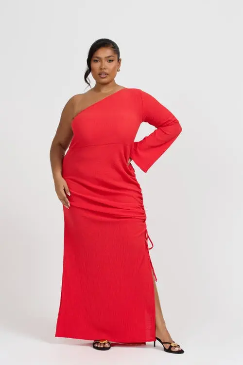 FASHION-SZN CURVE One Shoulder Maxi Dress - Red