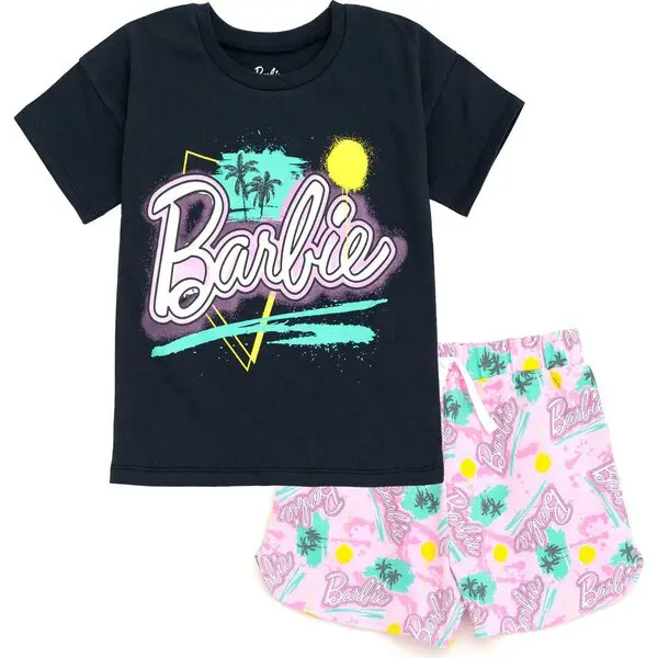 BARBIE T-shirt & French Terry Shorts Set - Pink/black/graffiti