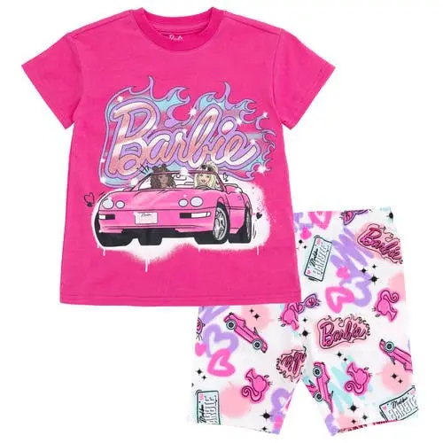 BARBIE T-shirt And Bike Shorts Set - Hot Pink/white