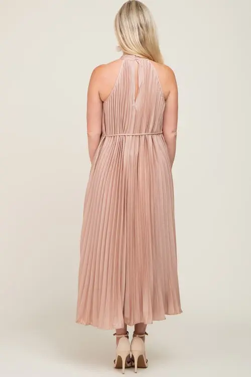 PINKBLUSH Pleated Halterneck Midi Dress With Sash Tie Waist - Beige