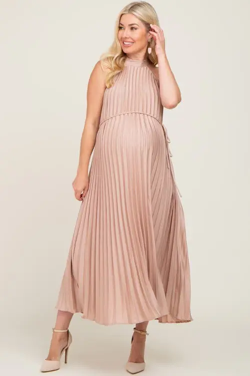 PINKBLUSH Pleated Halterneck Midi Dress With Sash Tie Waist - Beige