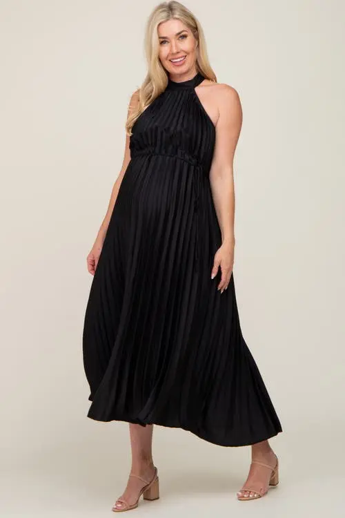 PINKBLUSH Pleated Halterneck Midi Dress With Sash Tie Waist - Black