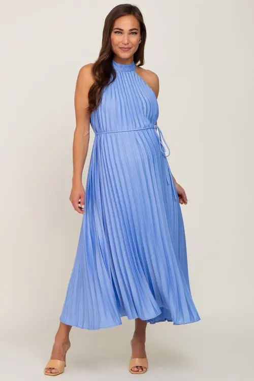 PINKBLUSH Pleated Halterneck Midi Dress With Sash Tie Waist - Light Blue