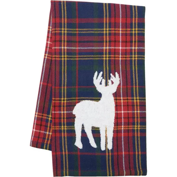 C&F HOME Blue Lennox Plaid Deer 100% Cotton Handwoven Christmas Dishtowel - Red