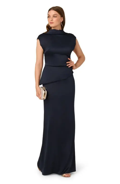 Adrianna Papell Popover Satin Crepe Gown - Dark Navy | Editorialist