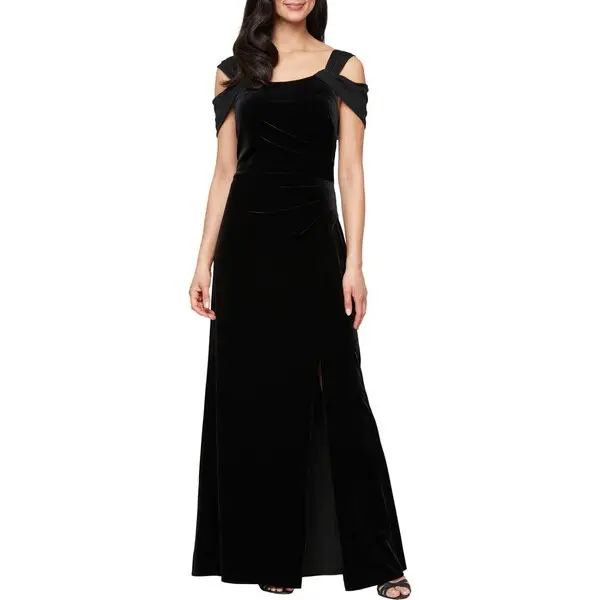 Alex Evenings Cold Shoulder Velvet Gown - Black