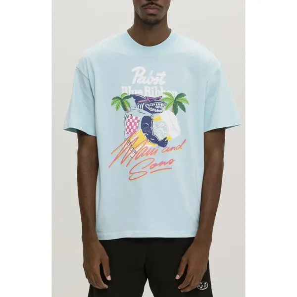 MAUI & SONS X Pabst Blue Ribbon Shark Graphic T-shirt - Light Blue