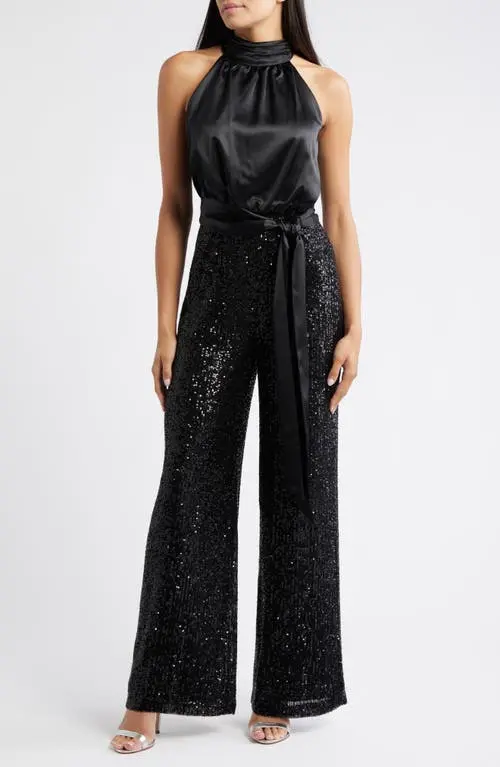 Eliza J Mixed Media Satin And Sequin Jumpsuit - Black