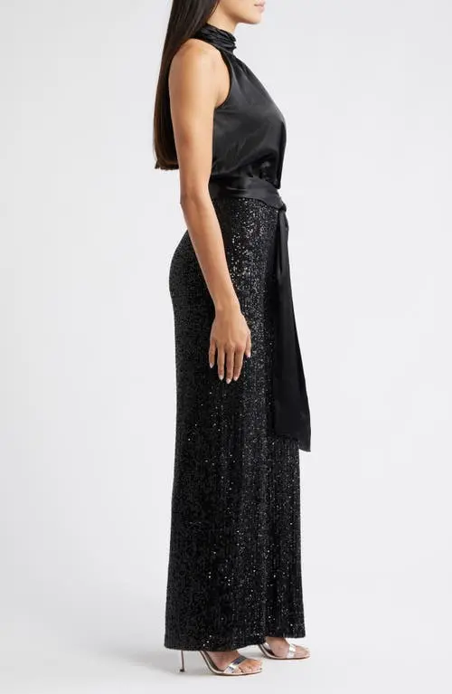 Eliza J Mixed Media Satin And Sequin Jumpsuit