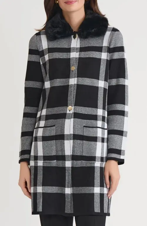 KASPER Plaid Coat With Faux Fur Collar - Black/white