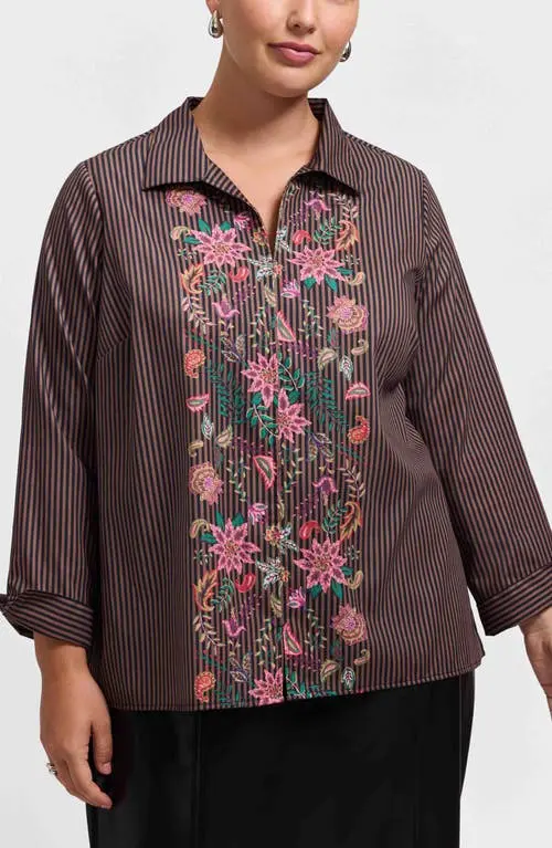 Foxcroft Agnes Floral Stripe Cotton Poplin Popover Top