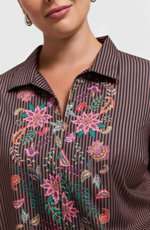 Foxcroft Agnes Floral Stripe Cotton Poplin Popover Top