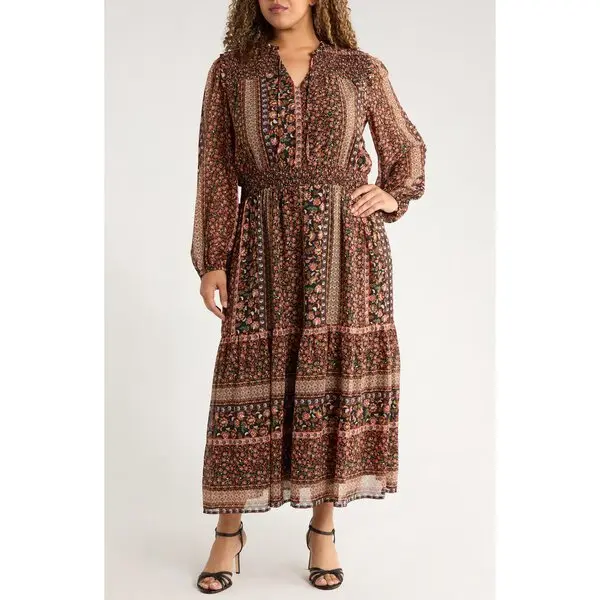GIBSONLOOK Printed Smocked Long Sleeve Maxi Dress - Multi Spice Border Print