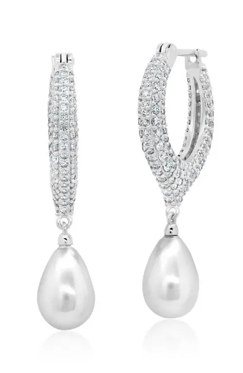 CRISLU Teardrop Pearl & Pavé Drop Earrings - Pure Platinum/pearl
