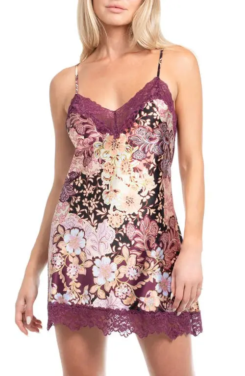 IN BLOOM BY JONQUIL Anna Print Lace Trim Satin Chemise - Plum