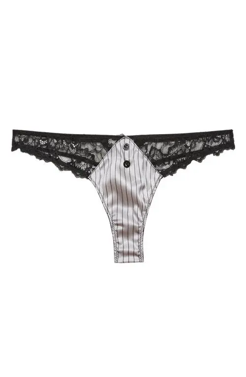 Fleur Du Mal Executive Lace Trim Stretch Silk Thong - Ash Pinstripe