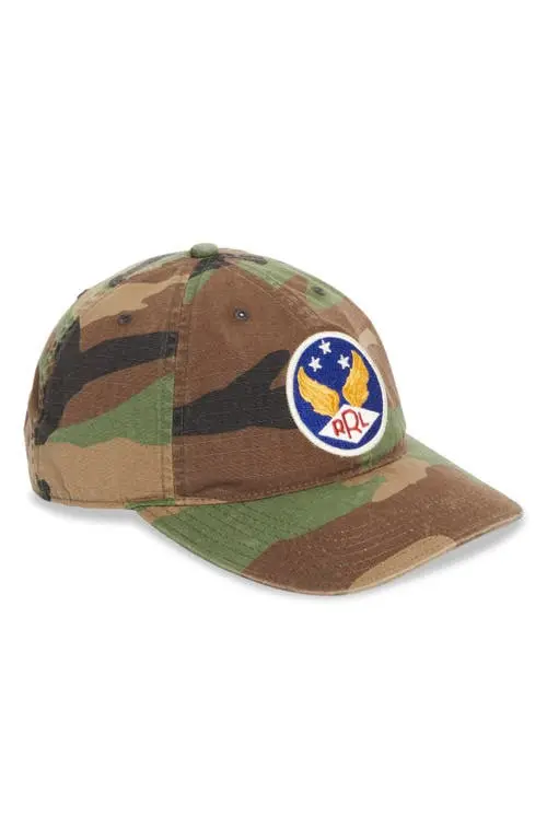 Double Rl Camo Print Cotton Ripstop Snapback Cap - Woodland Camo
