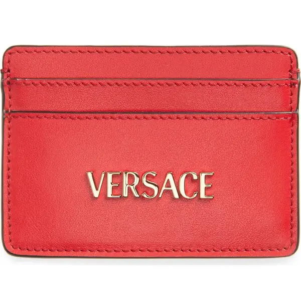 Versace Logo Leather Card Case - Red Versace Gold