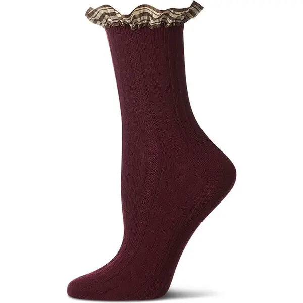MEMOI Plaid Ruffle Cuff Crew Socks - Burgundy