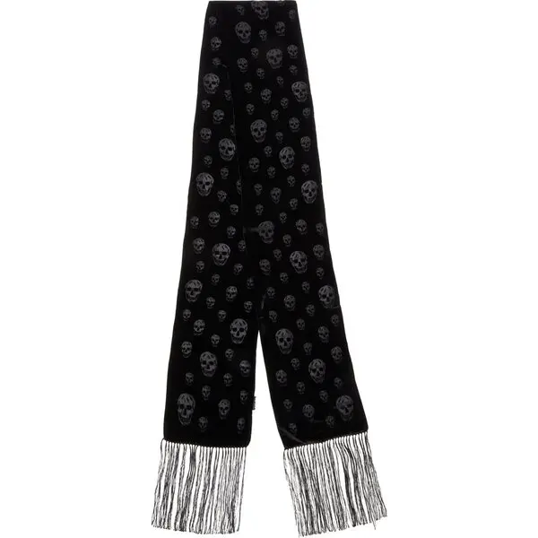 Alexander McQueen Classic Skull Velvet Fringe Scarf - Black