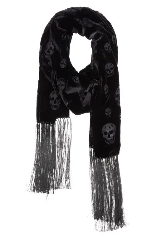 Alexander Mcqueen Classic Skull Velvet Fringe Scarf - Black