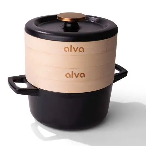 ALVA Nori 2.5 Qt Enameled Cast Iron Cocotte Dutch Oven & Steamer Set - Black