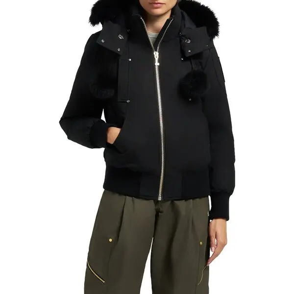 Moose Knuckles Debbie Genuine Shearling Trim Hooded Down Bomber Jacket - Black