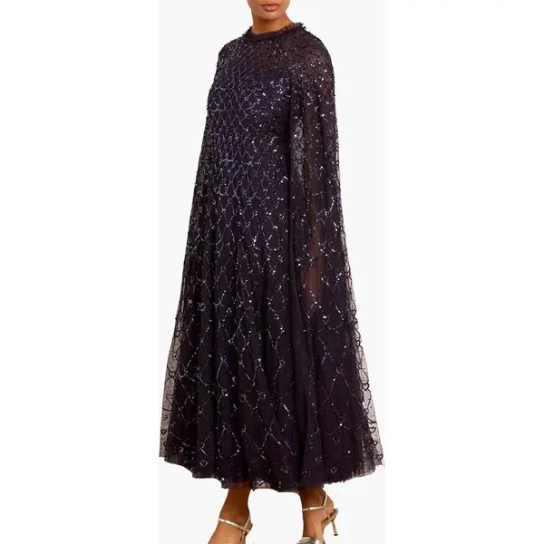 NEEDLE & THREAD Heart Lattice Cape Ankle Gown - Midnight
