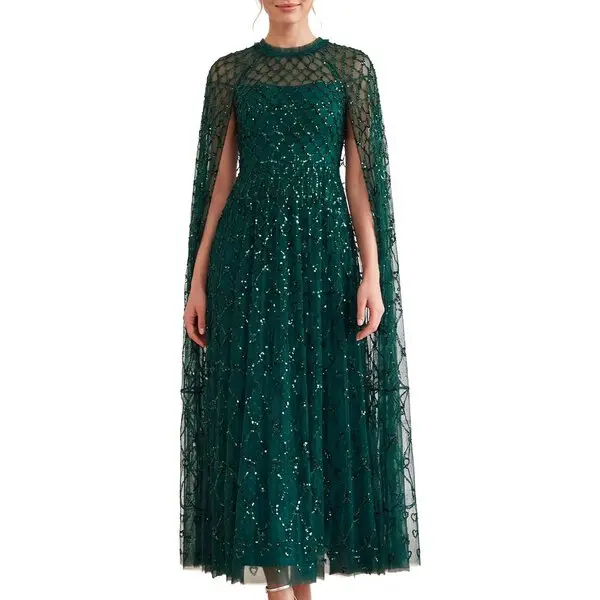NEEDLE & THREAD Embellished Heart Lattice Cape Gown - Pine