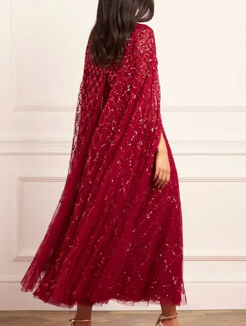 NEEDLE & THREAD Embellished Heart Lattice Cape Gown - Red