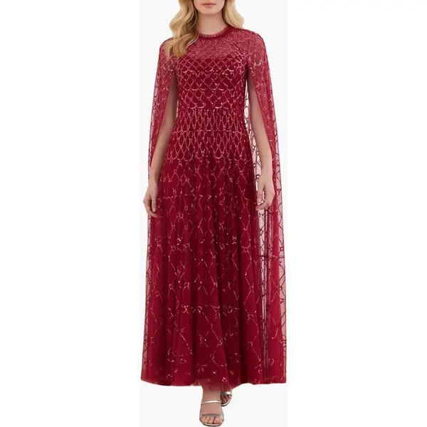 NEEDLE & THREAD Embellished Heart Lattice Cape Gown - Red