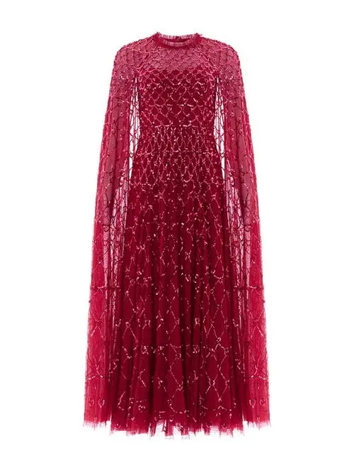 NEEDLE & THREAD Embellished Heart Lattice Cape Gown - Red