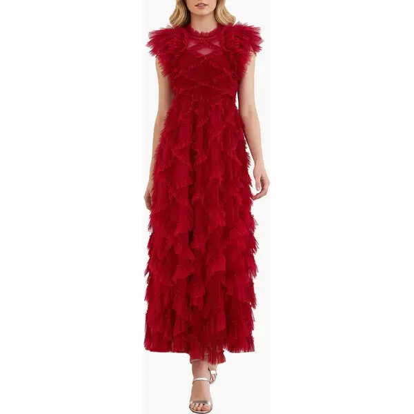 NEEDLE & THREAD Genevieve Ruffle Short Sleeve Maxi Gown - Deep Red/fuchsia