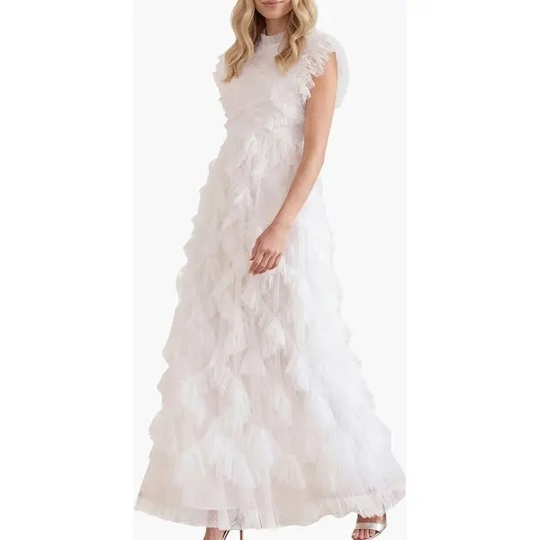 NEEDLE & THREAD Genevieve Ruffle Short Sleeve Maxi Gown - Swan White