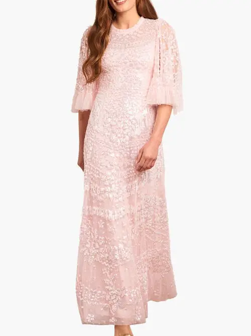 NEEDLE & THREAD Anais Sequin 3/4 Sleeve Maxi Gown - Seashell