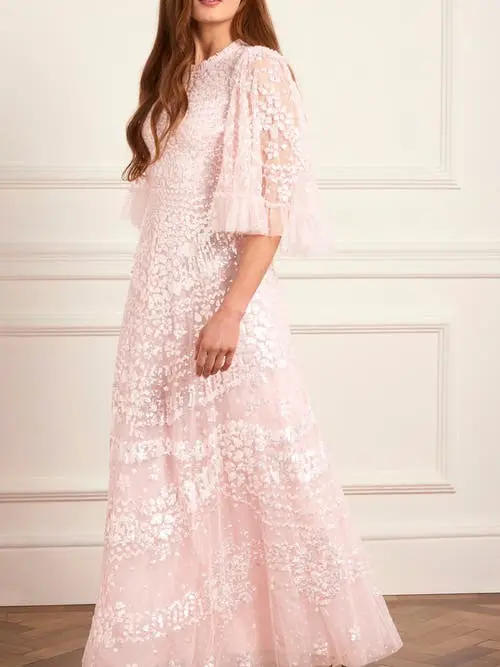 NEEDLE & THREAD Anais Sequin Maxi Gown With 3/4 Sleeves - Seashell