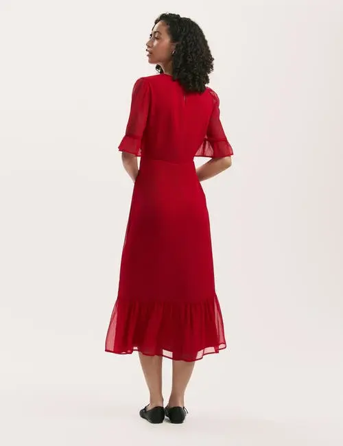 FINERY LONDON Jennifer Short Sleeve Chiffon Midi Dress - Red