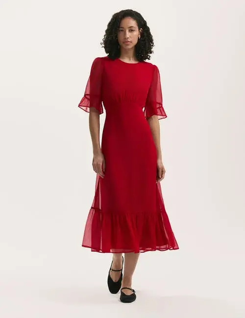FINERY LONDON Jennifer Short Sleeve Chiffon Midi Dress - Red