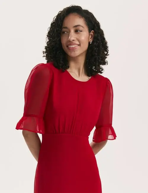 FINERY LONDON Jennifer Short Sleeve Chiffon Midi Dress - Red